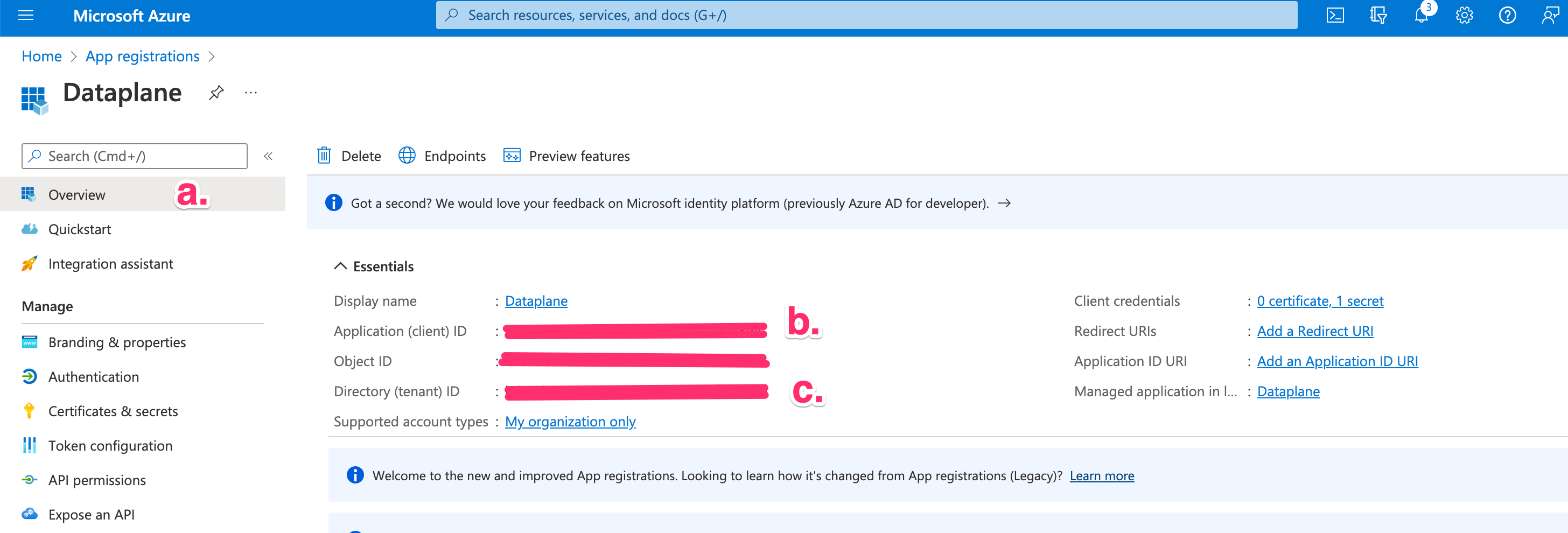 Register an Azure app - Dataplane recipes
